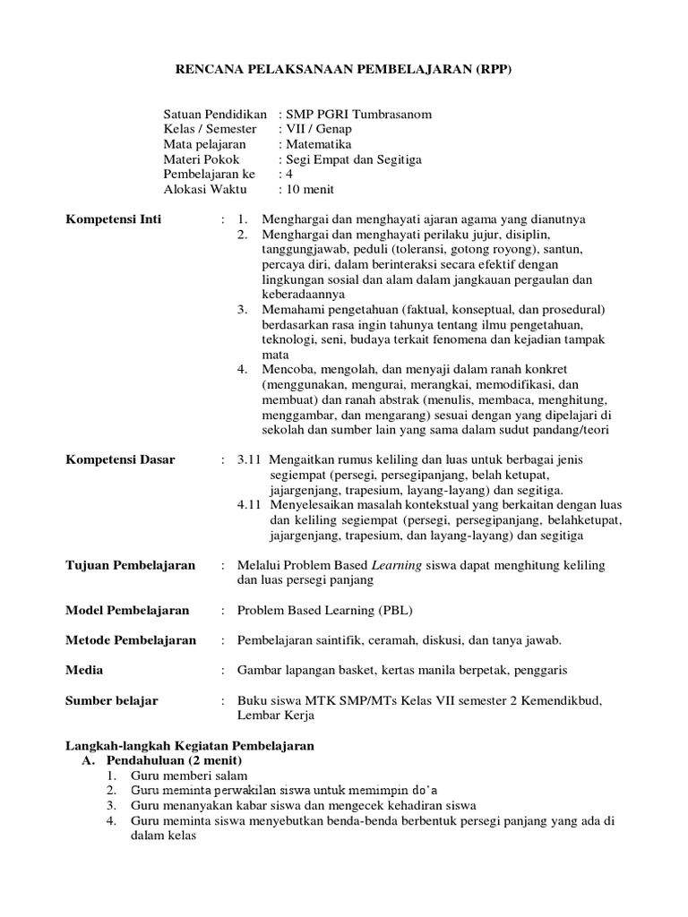 RPP Segitiga Dan Segiempat Kelas VII Semester 2 PDF | PDF