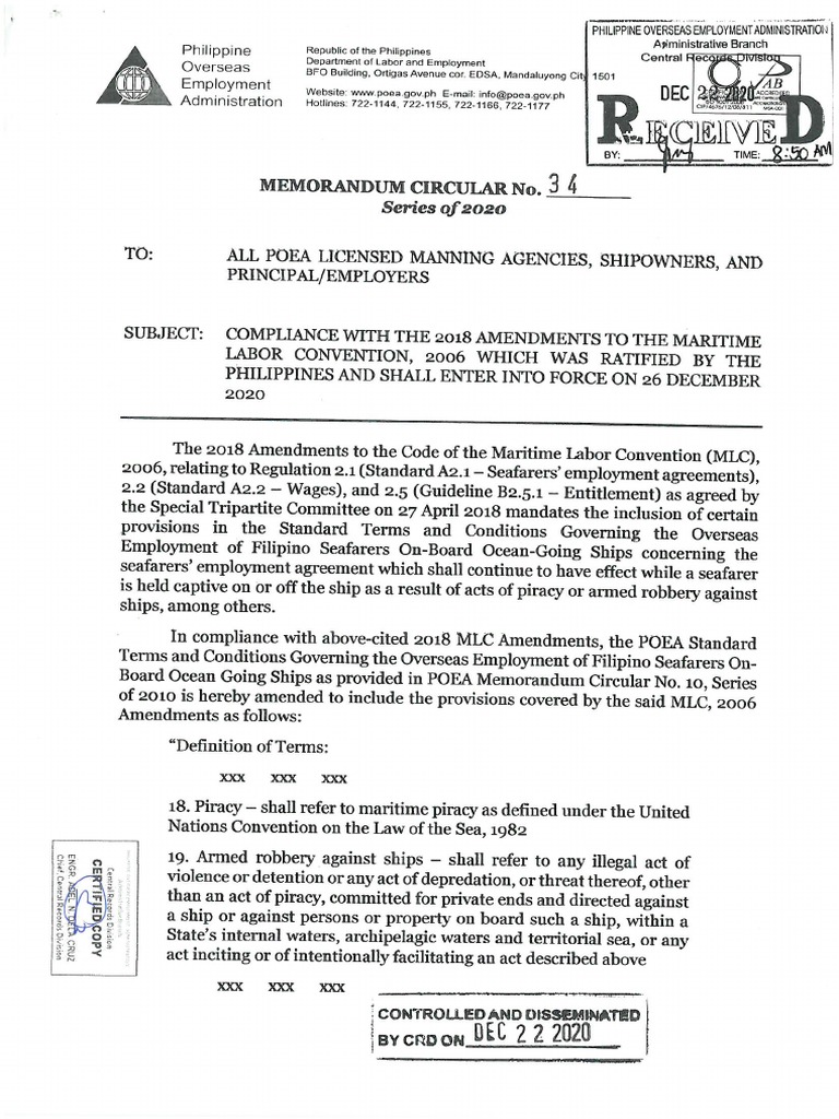 POEA Memorandum Circular No 34 Series of 2020 | PDF
