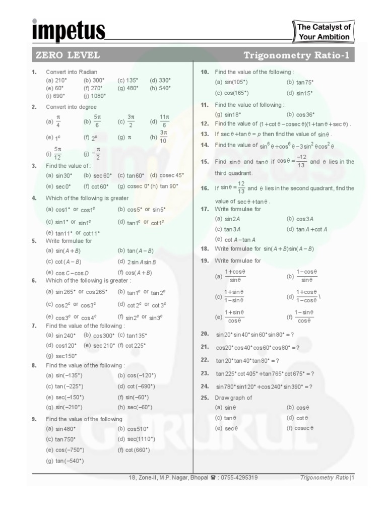 0267418d1ac7a-Trigonometry Ratio Zero Level - I | PDF | Trigonometric ...