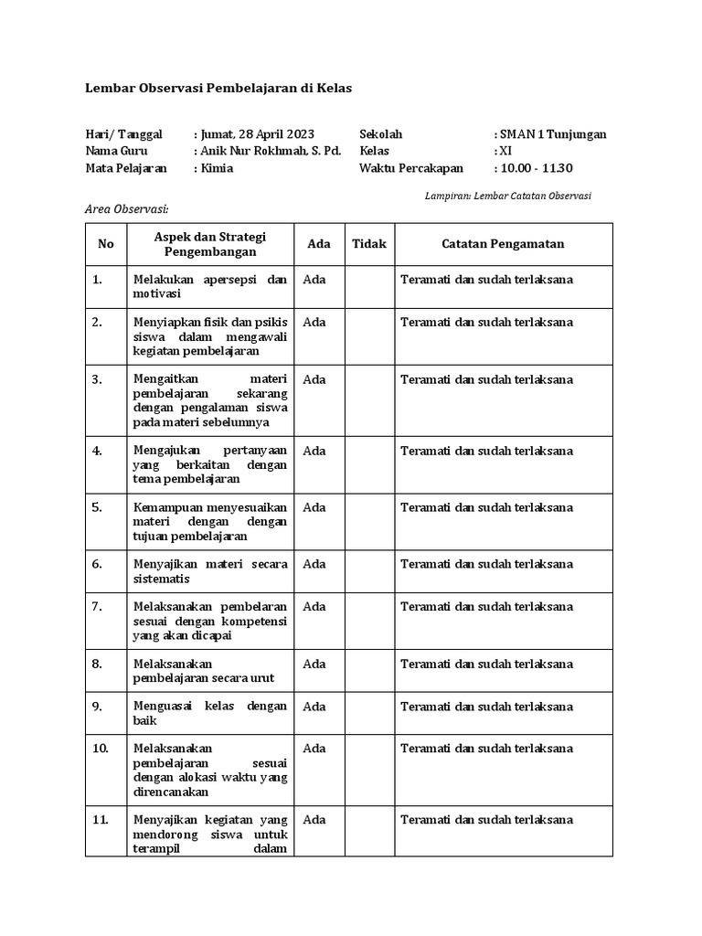2 - Lembar Observasi Pembelajaran Di Kelas | PDF