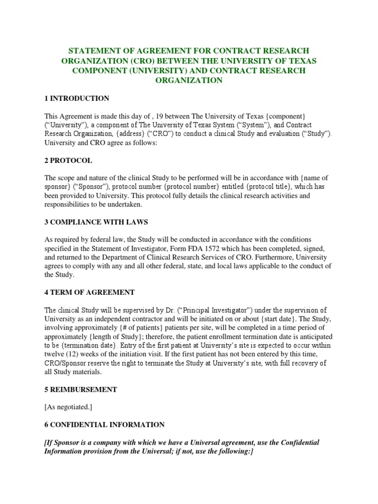 Agreement for Clinical Research CRO | PDF | Indemnity | Clinical Trial