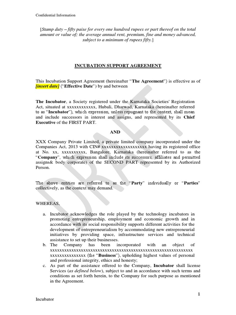 Incubation Support Agreement (Sample) | PDF | Arbitration | License