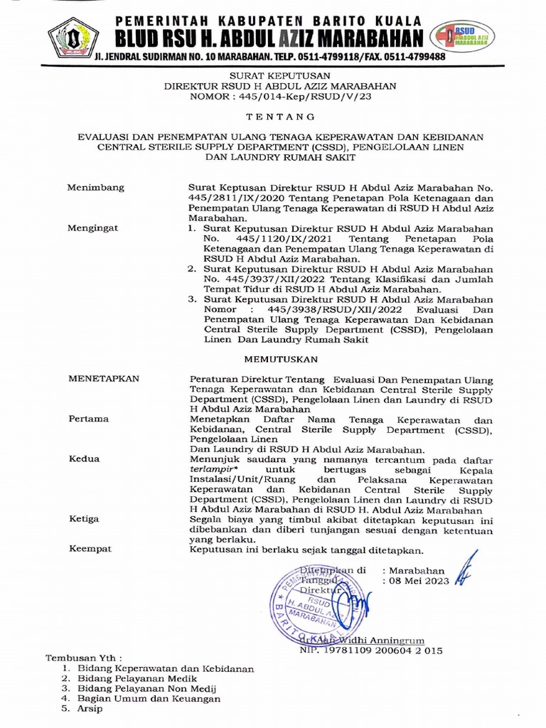 SK Evaluasi Dan Penempatan Ulang Tenaga Keperawatan Dan Kebidanan CSSD, Linen Dan Loundry Dan ...