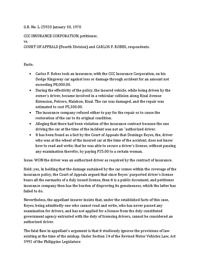 CCC Insurance v. Court of Appeals 31 SCRA 264 | PDF