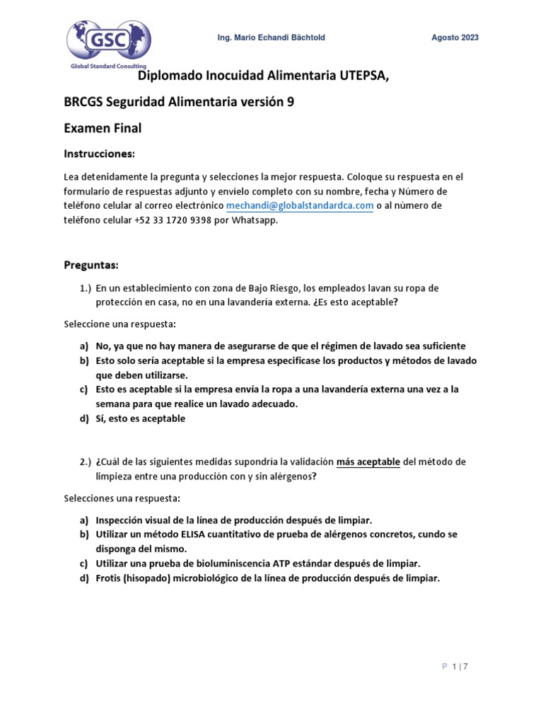 Examen Final BRCGS Diplo UTEPSA Ago22 | PDF