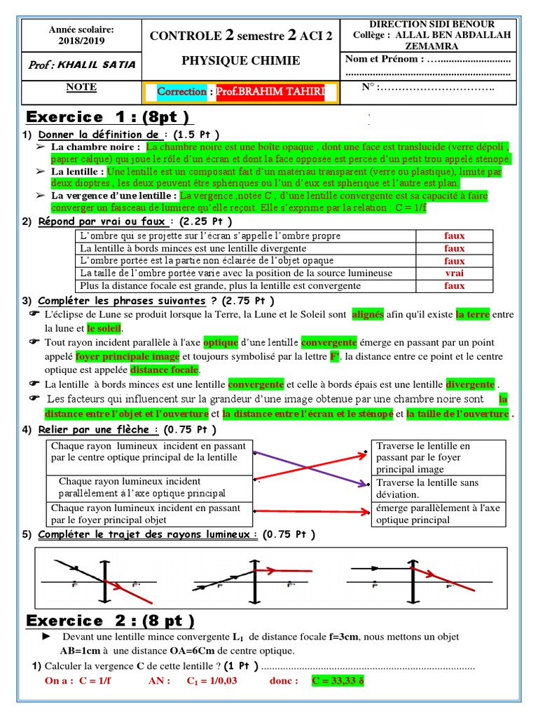 Devoir 2 Modele 1 Physique Chimie 2ac Semestre 2 Corrige | PDF | Ombre | Science des matériaux