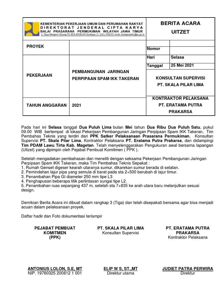 Uitzet Proyek Perpipaan Takeran | PDF