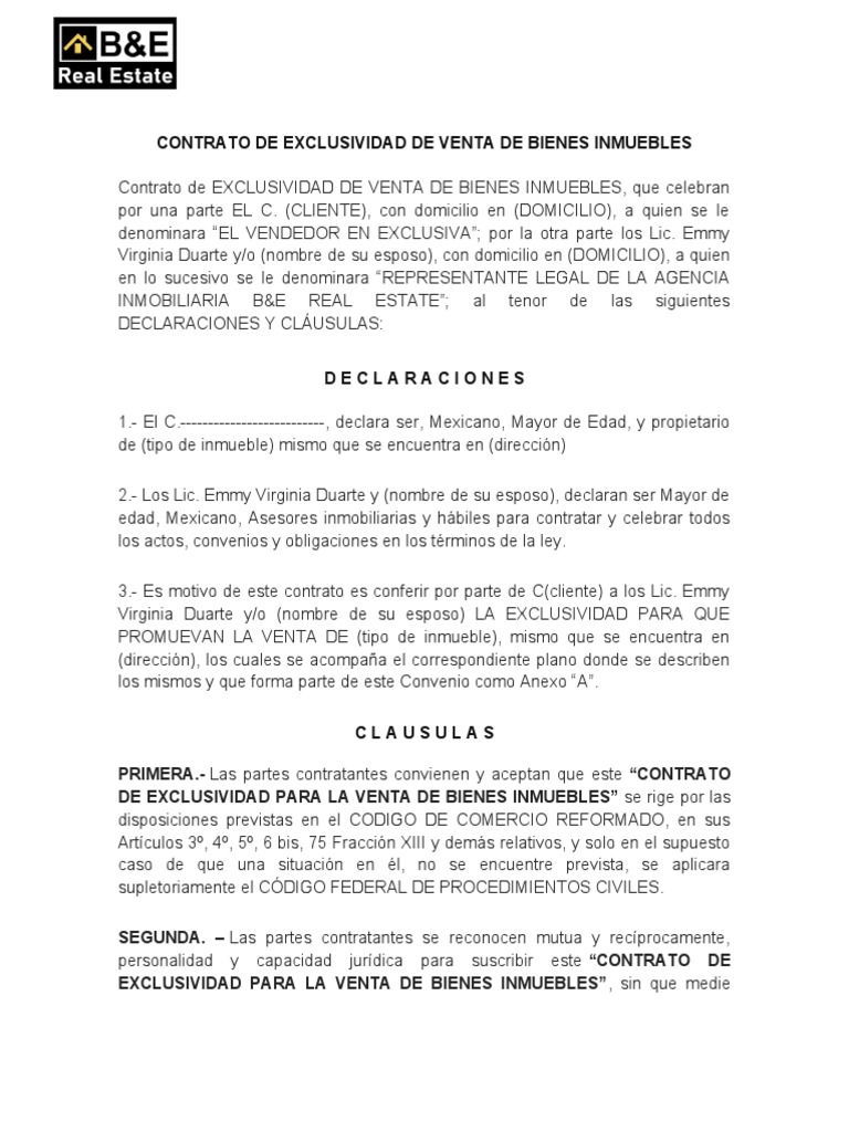 Contrato de Exclusividad de Venta de Bienes Inmuebles | PDF | Derecho ... Contrato de Exclusividad de Venta de Bienes Inmuebles | PDF | Derecho ...