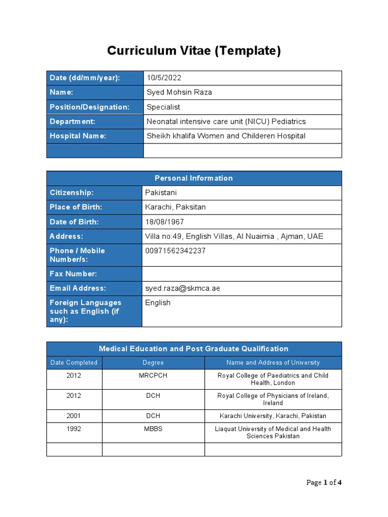 NICU Pediatric Specialist CV Template | PDF | Pediatrics | Neonatal ...