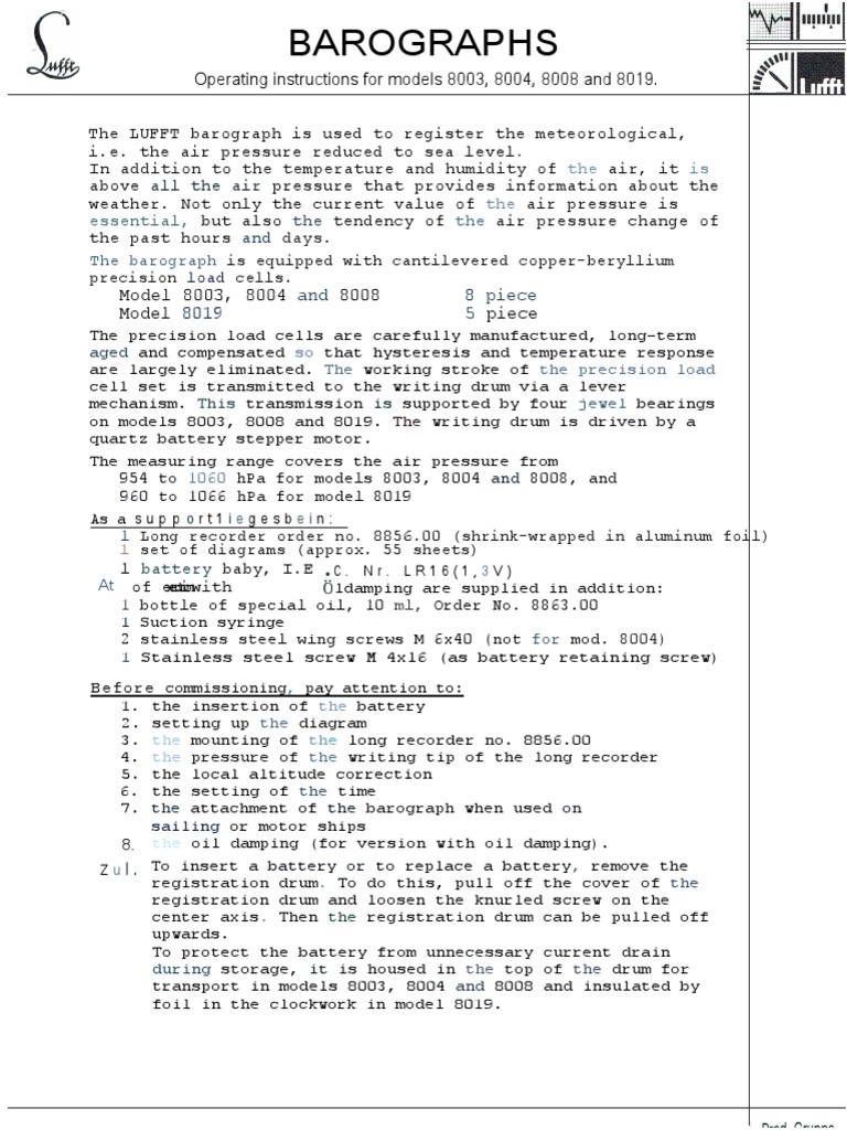 Lufft Barograph 8003 (English-US) | PDF | Atmospheric Pressure | Screw