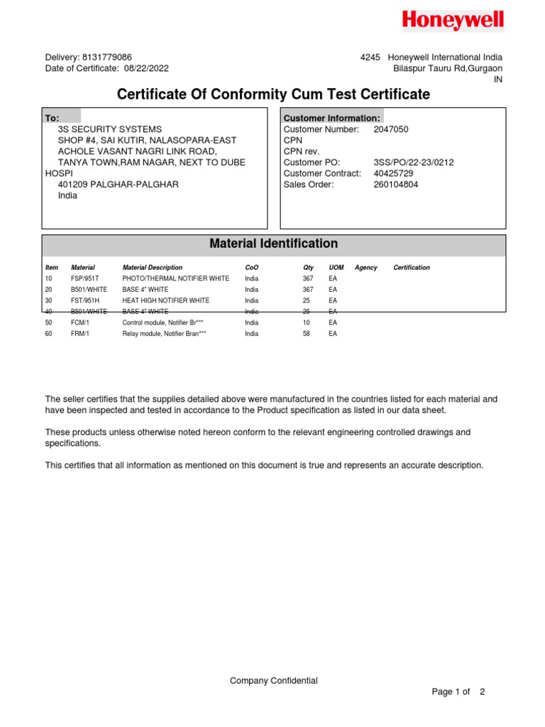 Certificate of Conformity Cum Test Certificate: Material Identification ...