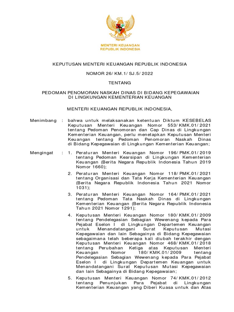 26 - KM.1 - SJ.5 - 2022 Penomoran Naskah Dinas Kepegawaian | PDF