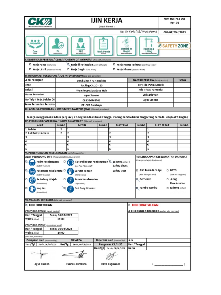 FRM-HSE-HSE-05 Rev. 02 - Form Ijin Kerja (Work Permit Form) | PDF