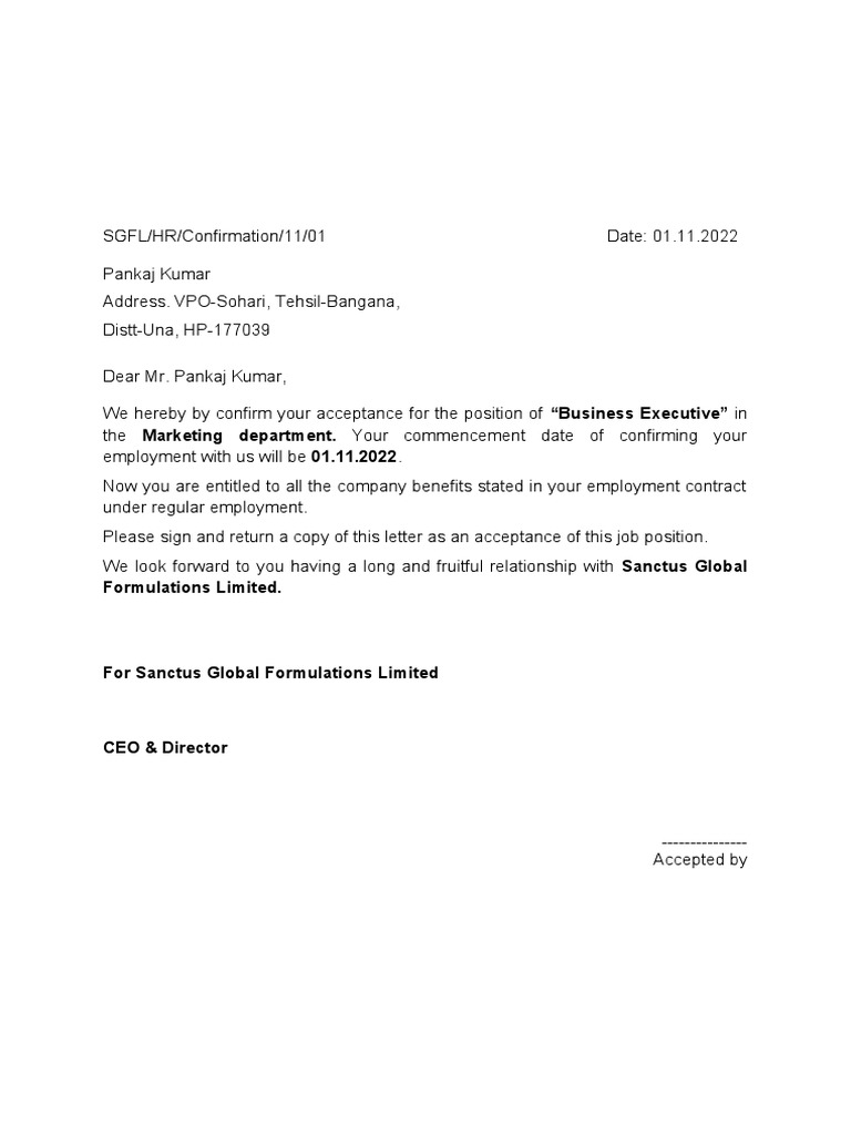 Job Confirmation for Business Executive | PDF