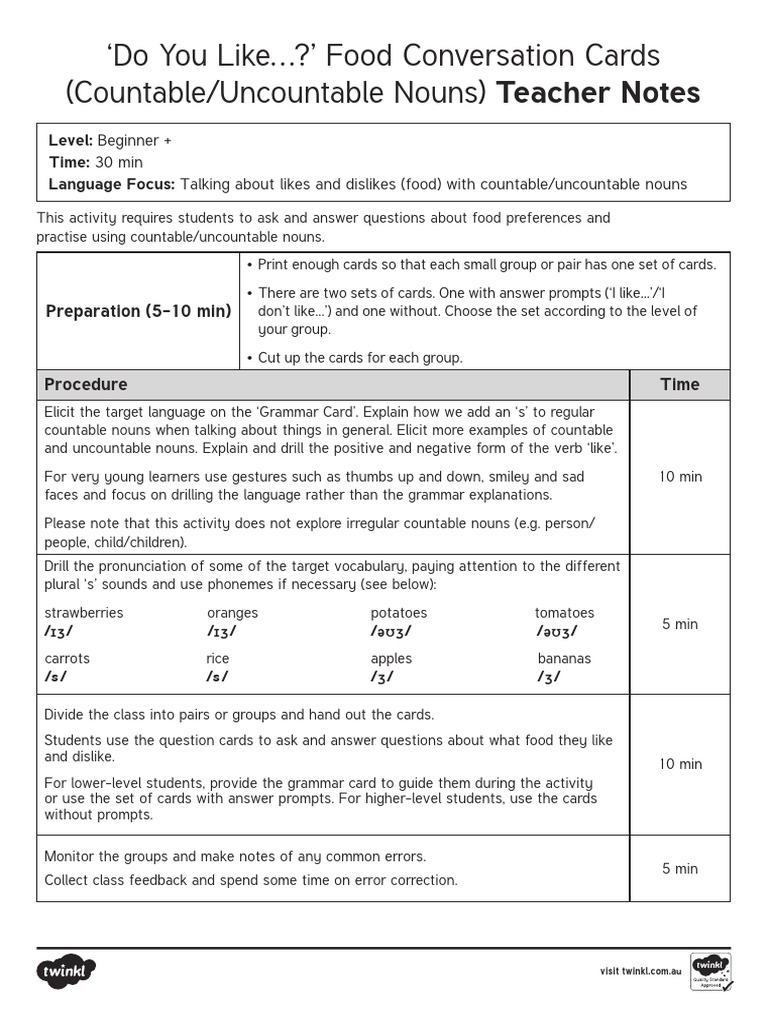 Do You Like...? Food Conversation Cards | PDF | Noun | Linguistics
