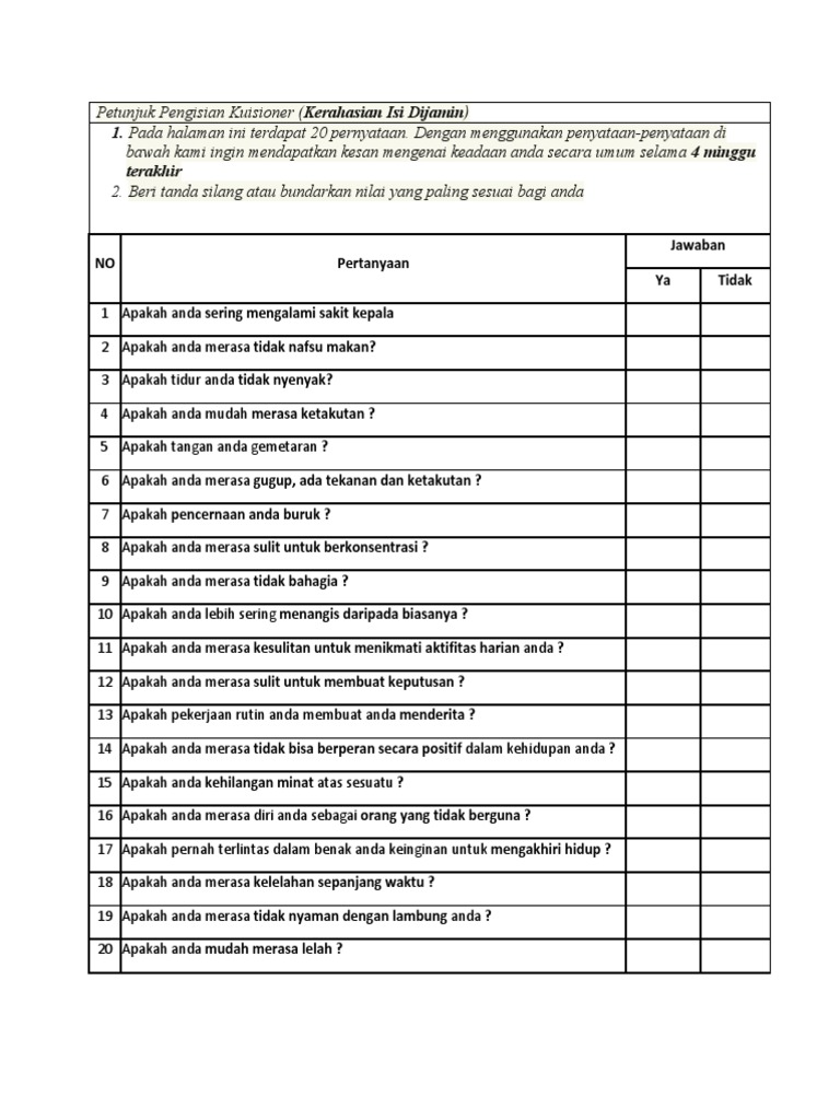 Kuesioner Stress (SRQ 20) | PDF
