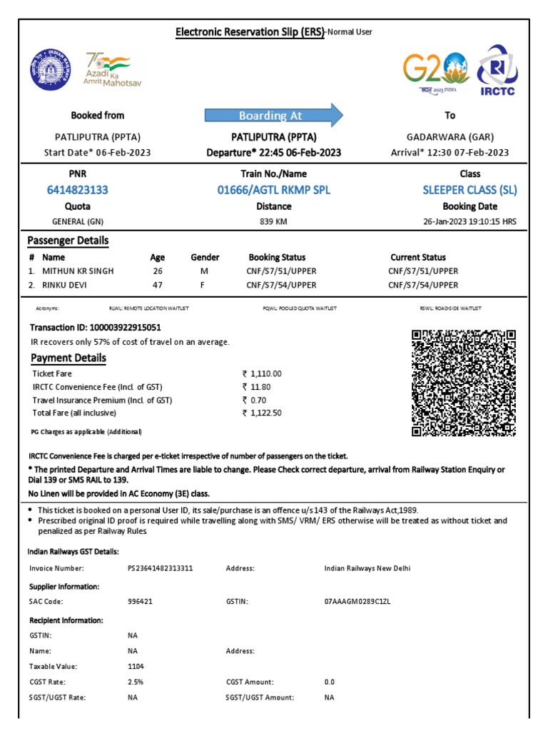 01666/agtl RKMP SPL Sleeper Class (SL) | PDF | Identity Document