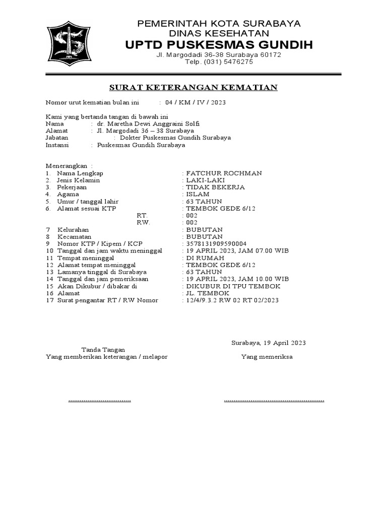 Suket Kematian Fatchur Rochman | PDF