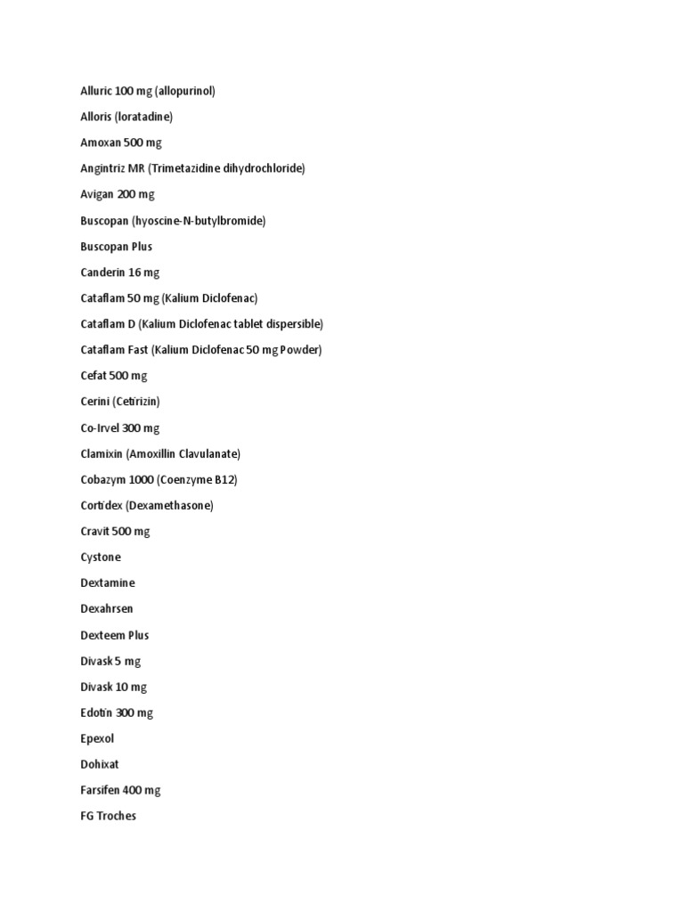 Comprehensive List of Pharmaceutical Products from Various Therapeutic ...