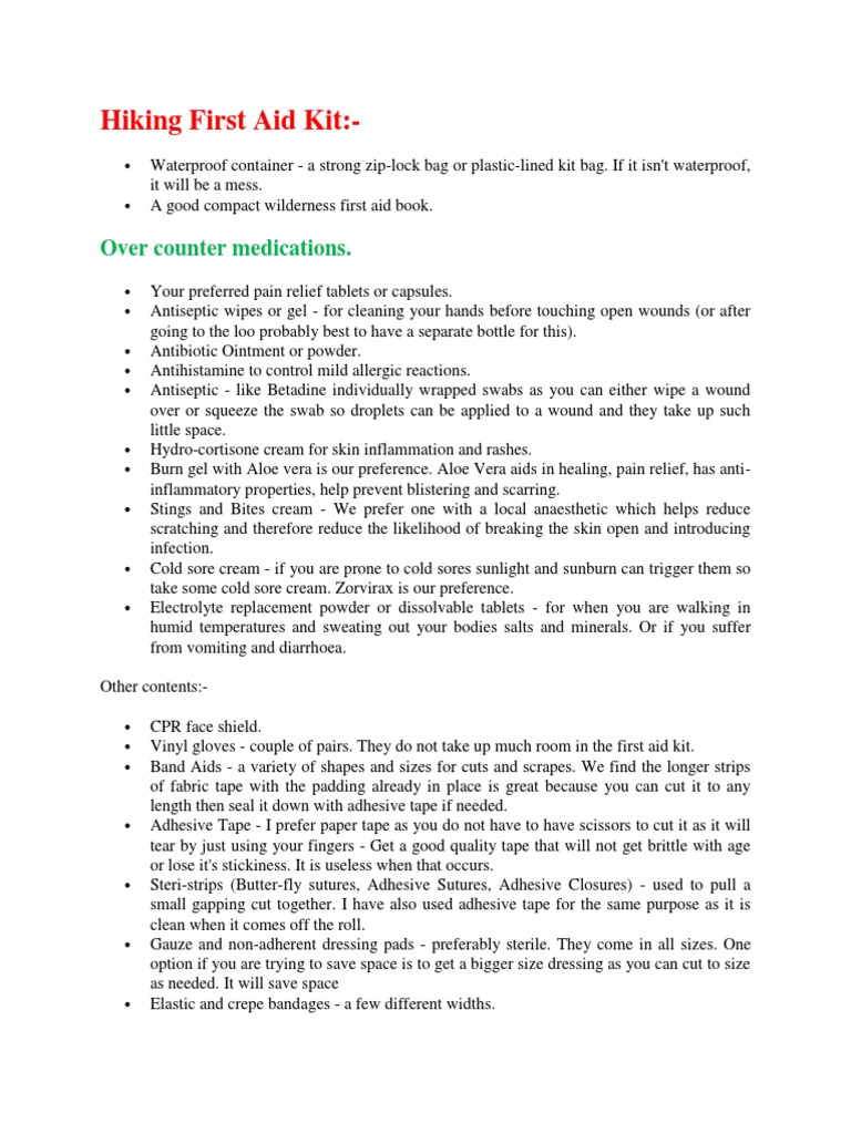Essential Hiking First Aid Kit Guide Under 40 Characters | PDF | Wound ...