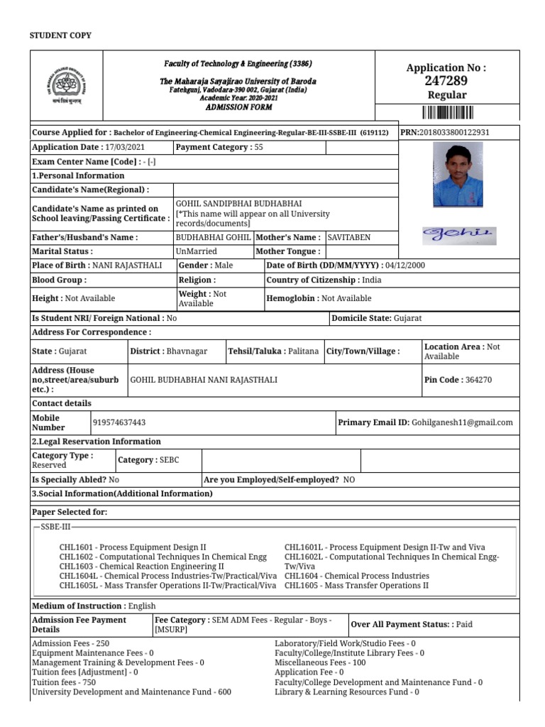 Admission Form for Chemical Engineering | PDF | Fee | University