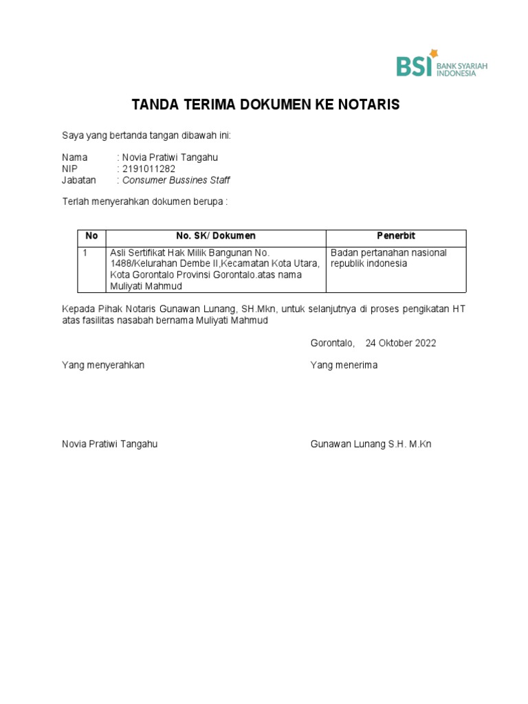 Lampiran 19 - TANDA TERIMA DOKUMEN NOTARIS | PDF