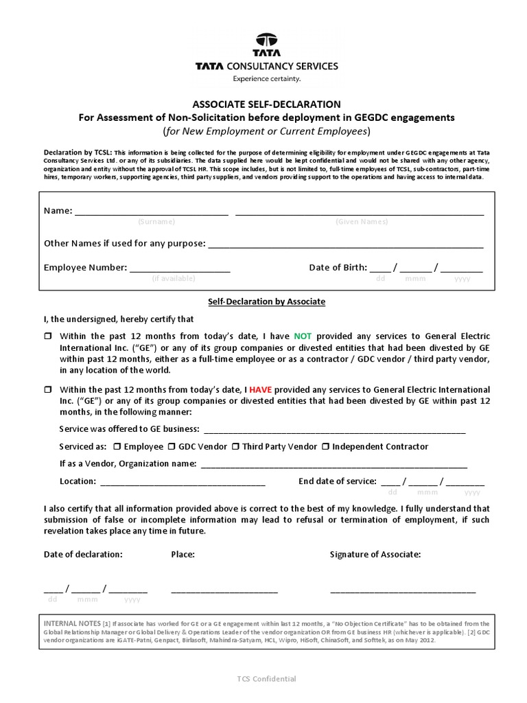 Associate Self-Declaration For Assessment of Non-Solicitation Before ...