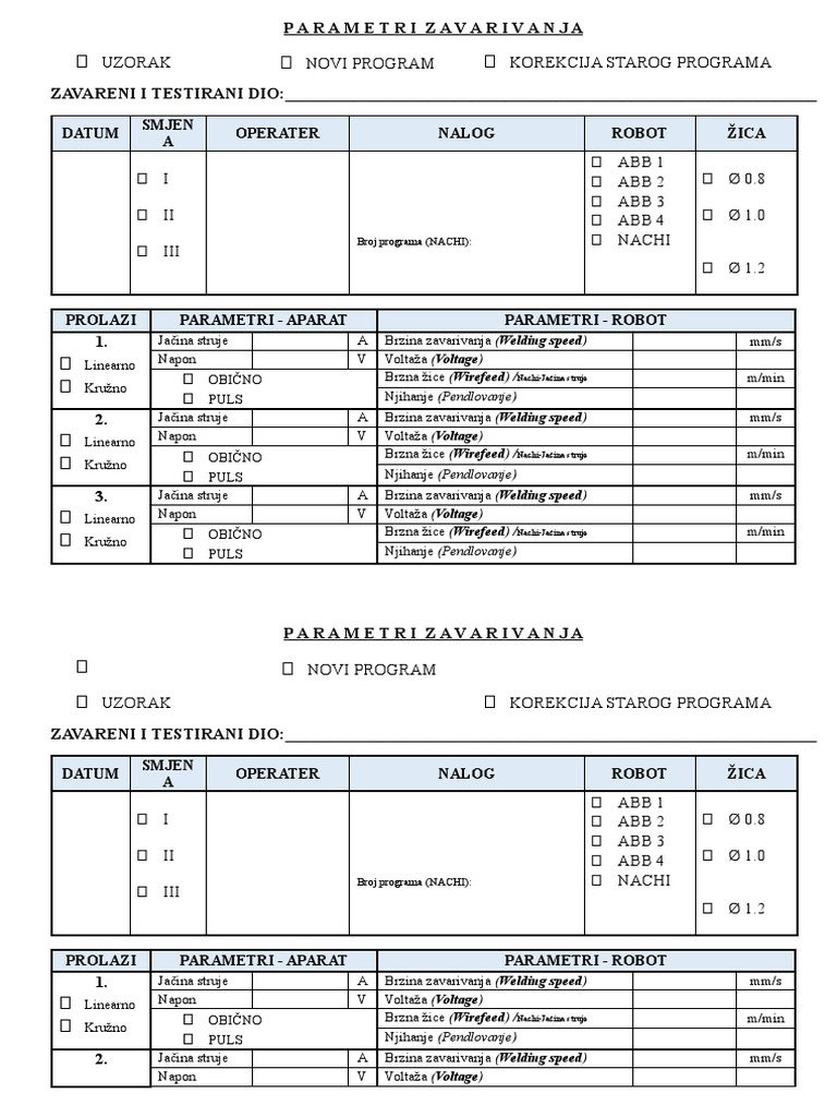 Obrazac Za Unošenje Parametara Zav.-Uzorci | PDF