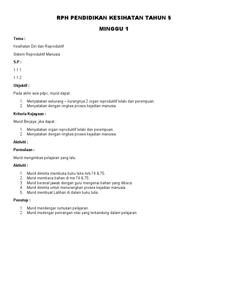 RPH Pendidikan Kesihatan Tahun 5 | PDF