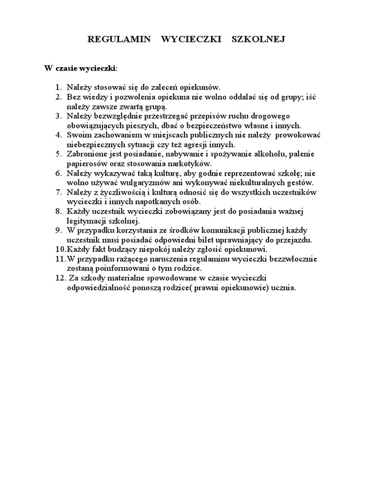 Regulamin Wycieczki Szkolnej | PDF