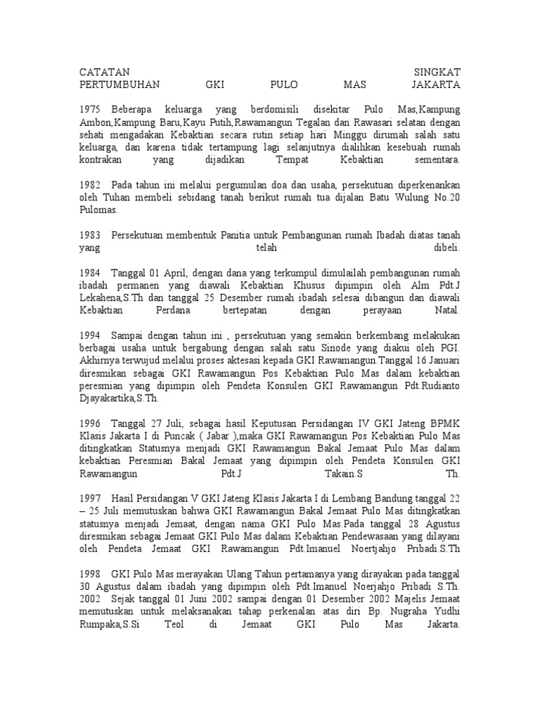 Sejarah GKI PULOMAS | PDF