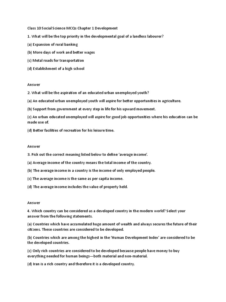 Class 10 Social Science MCQs Chapter 1 Development | PDF | Developing ...