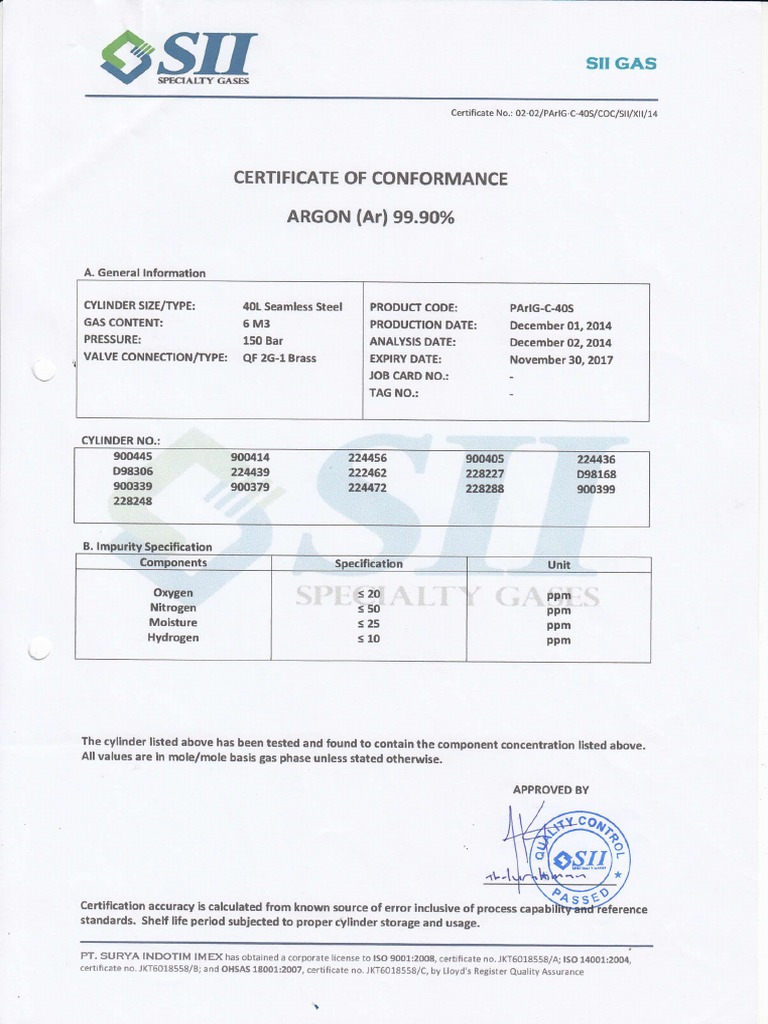 COC Ar30 40L 02-02-XII-14 | PDF | Gases | Materials