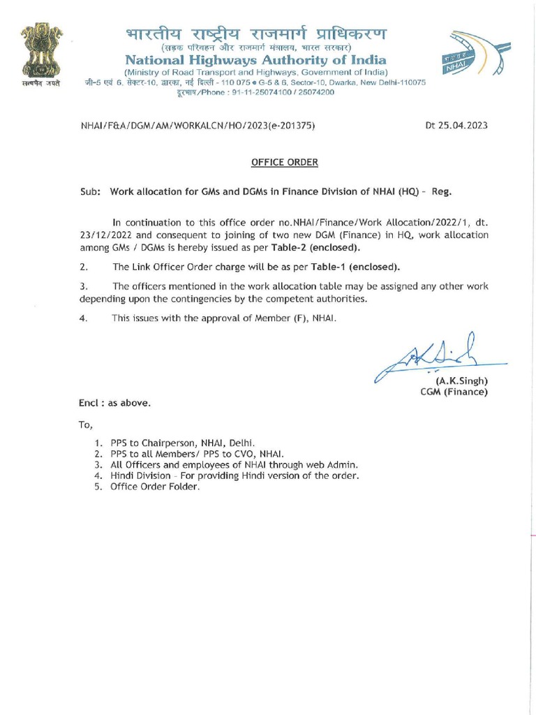 NHAI Office Order For Work Allocation | PDF