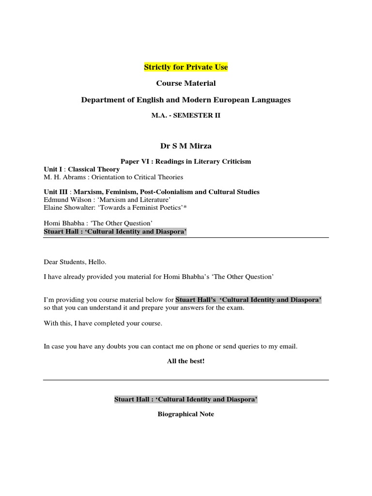 Explaining Stuart Hall's Cultural Identity and Diaspora' | PDF