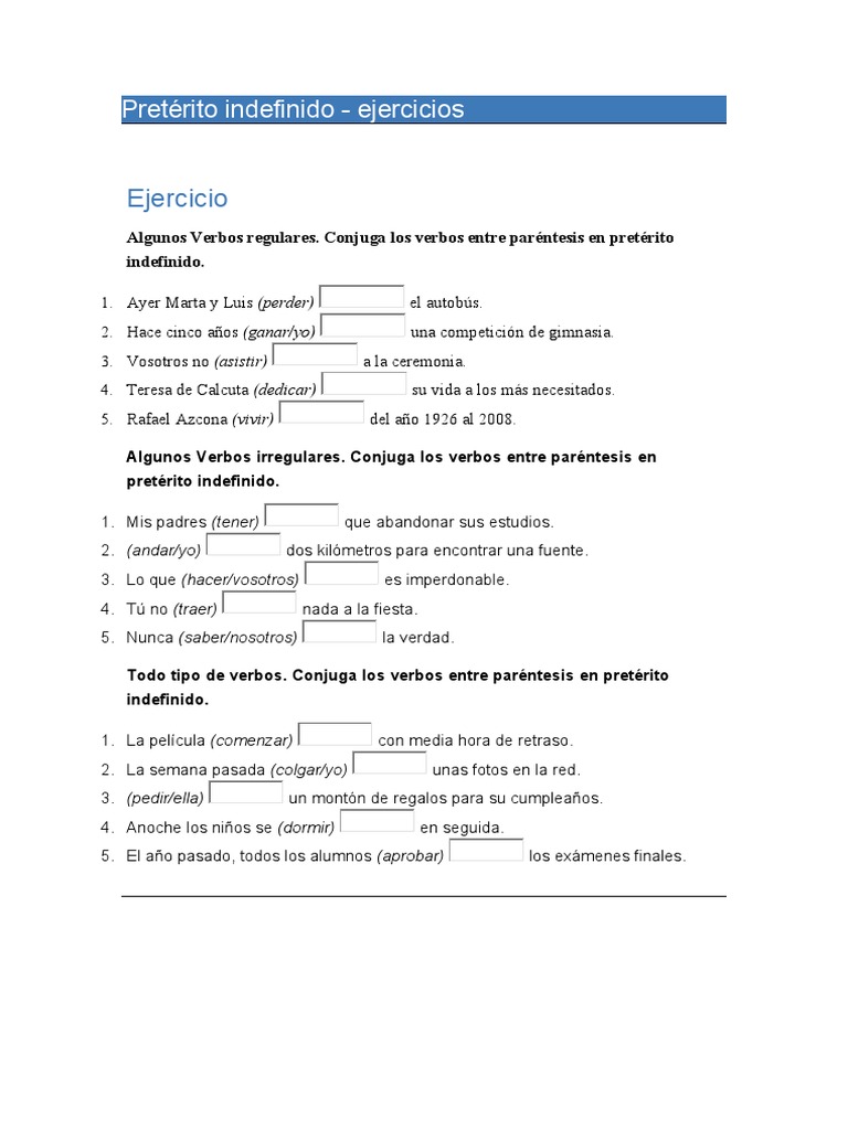 Ejercicios de pretérito indefinido | PDF | Artes del Lenguaje y ...