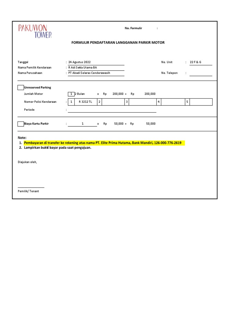 Formulir Langganan Parkir | PDF