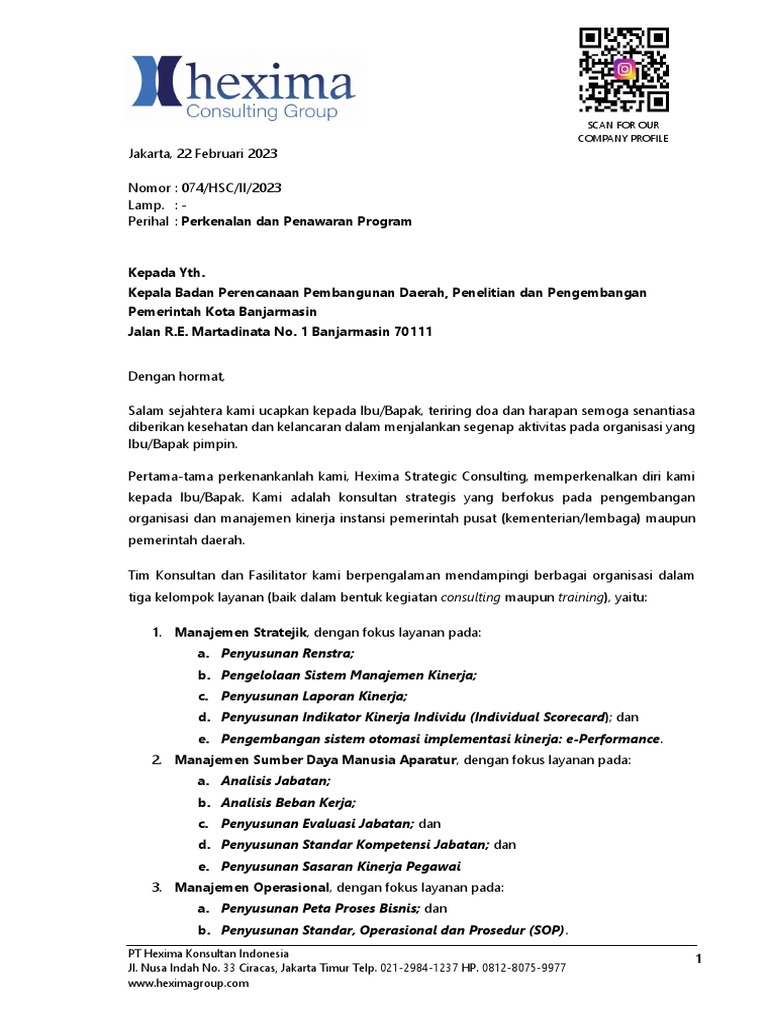 Surat Perkenalan Dan Penawaran Seluruh Program Hexima-Banjarmasin | PDF | Komputer