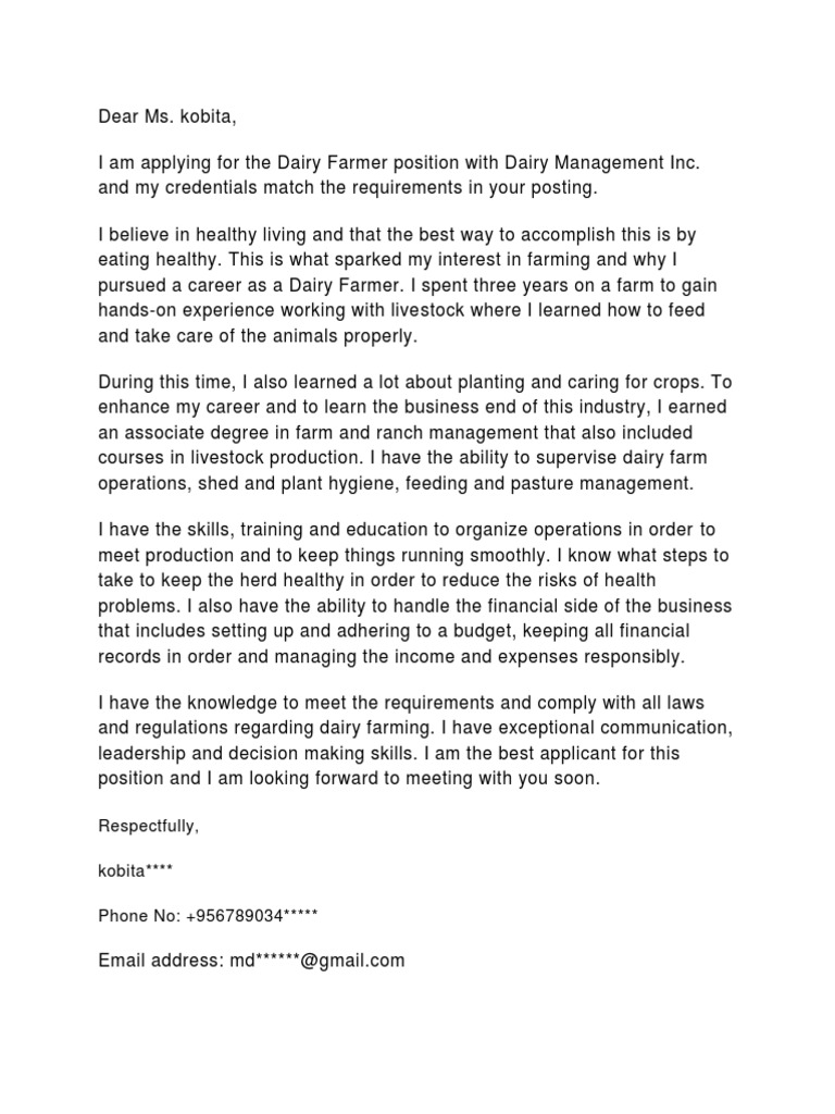 Cover Letter-Dairy Farm | PDF