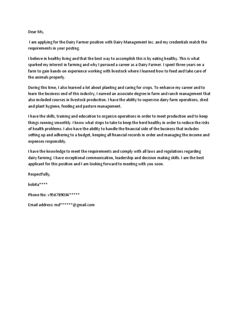 Dairy Farm Cover Letter | PDF | Wellness