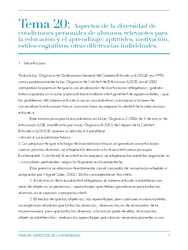 Tema 20 Aspectos de La Diversidad 2020 | PDF | Aprendizaje | Inteligencia