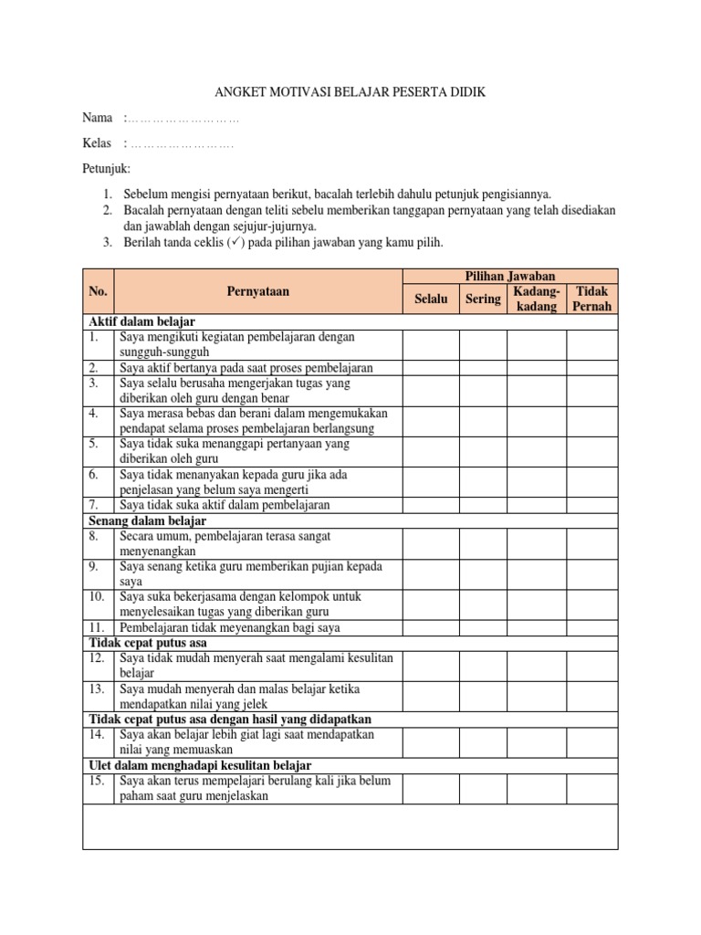 ANGKET MOTIVASI BELAJAR PESERTA DIDIK | PDF