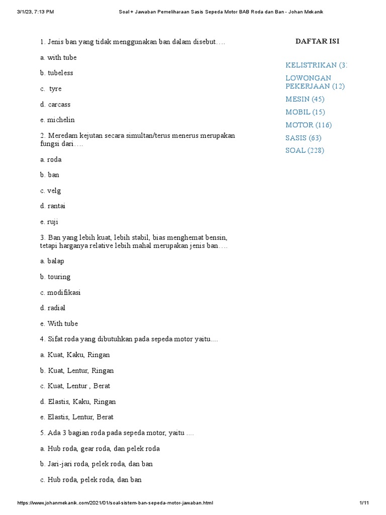 Soal + Jawaban Pemeliharaan Sasis Sepeda Motor BAB Roda Dan Ban - Johan Mekanik PDF | PDF