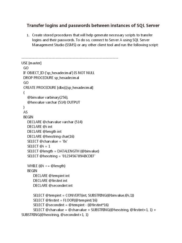 Transfer logins and passwords between instances of SQL Server | PDF ...