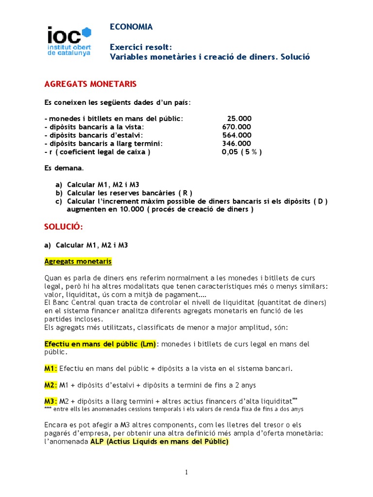 Exercici Resolt de Variables Monetaries Solucio PDF | PDF