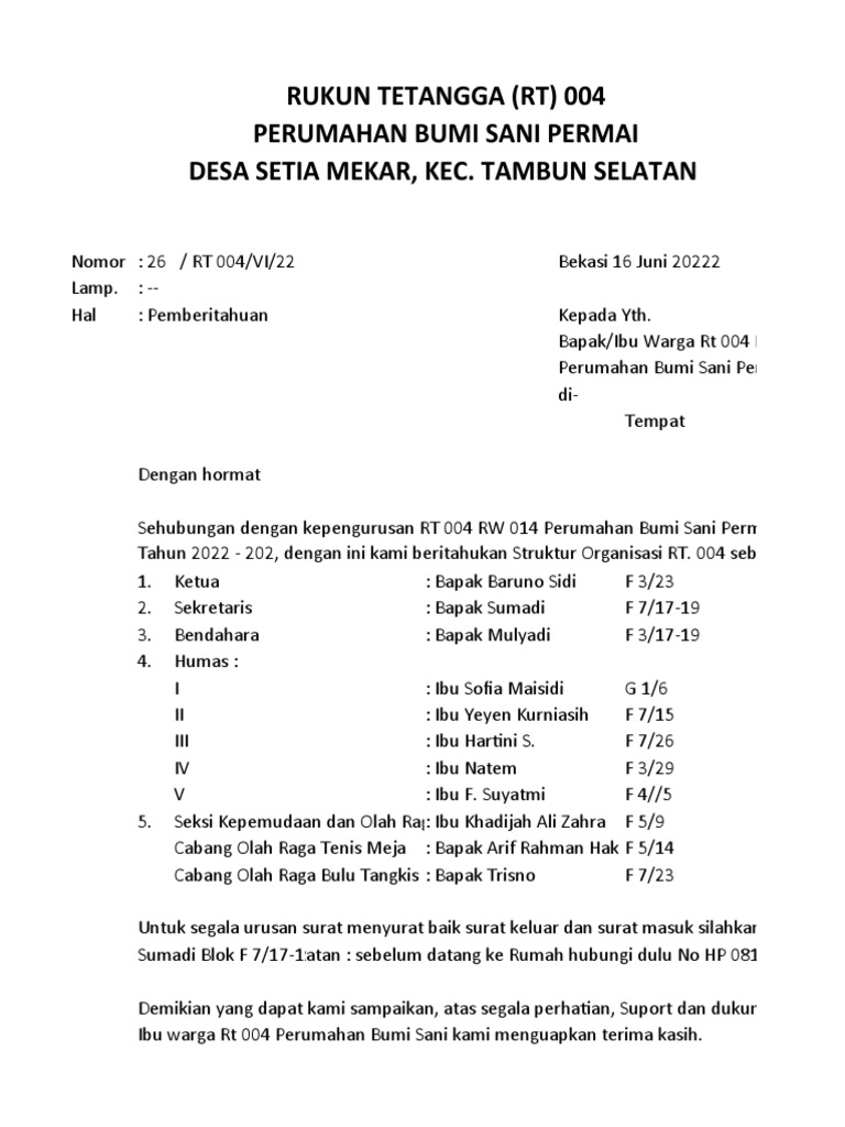 Susunan Pengurus RT 004 BSP | PDF