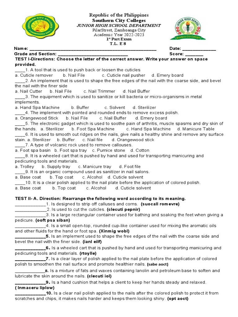 G8-1ST Part Exam 4TH Grading | PDF | Nail (Anatomy) | Materials