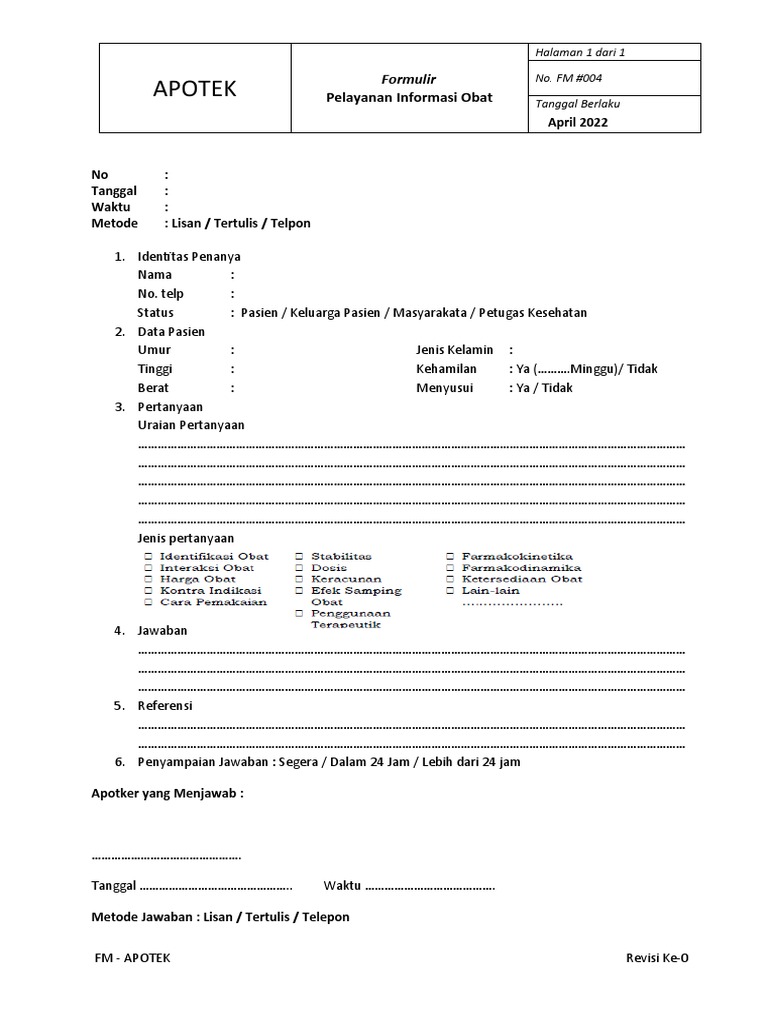 FM #004 Formulir Pelayanan Informasi Obat | PDF