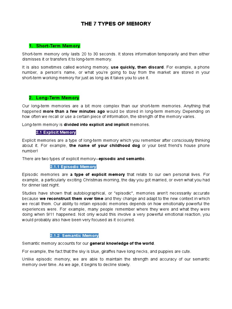 The 7 Types of Memories | PDF | Memory | Long Term Memory