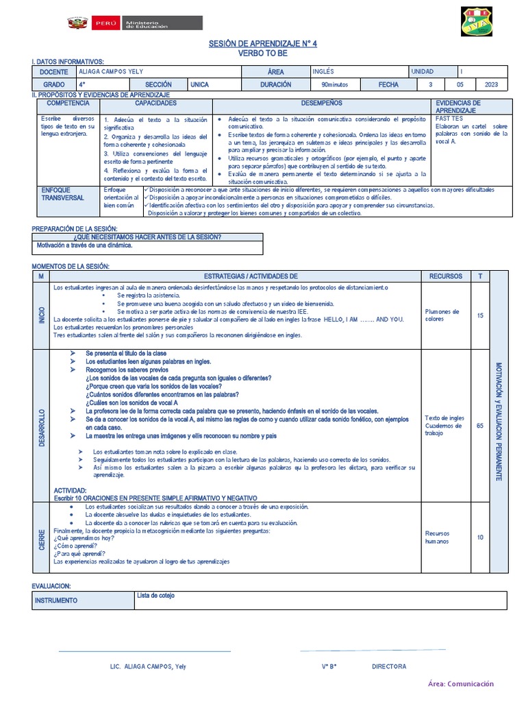 4°-SESIÓN-INGLES-3 mayo-verbo to be | PDF | Evaluación | Aprendizaje